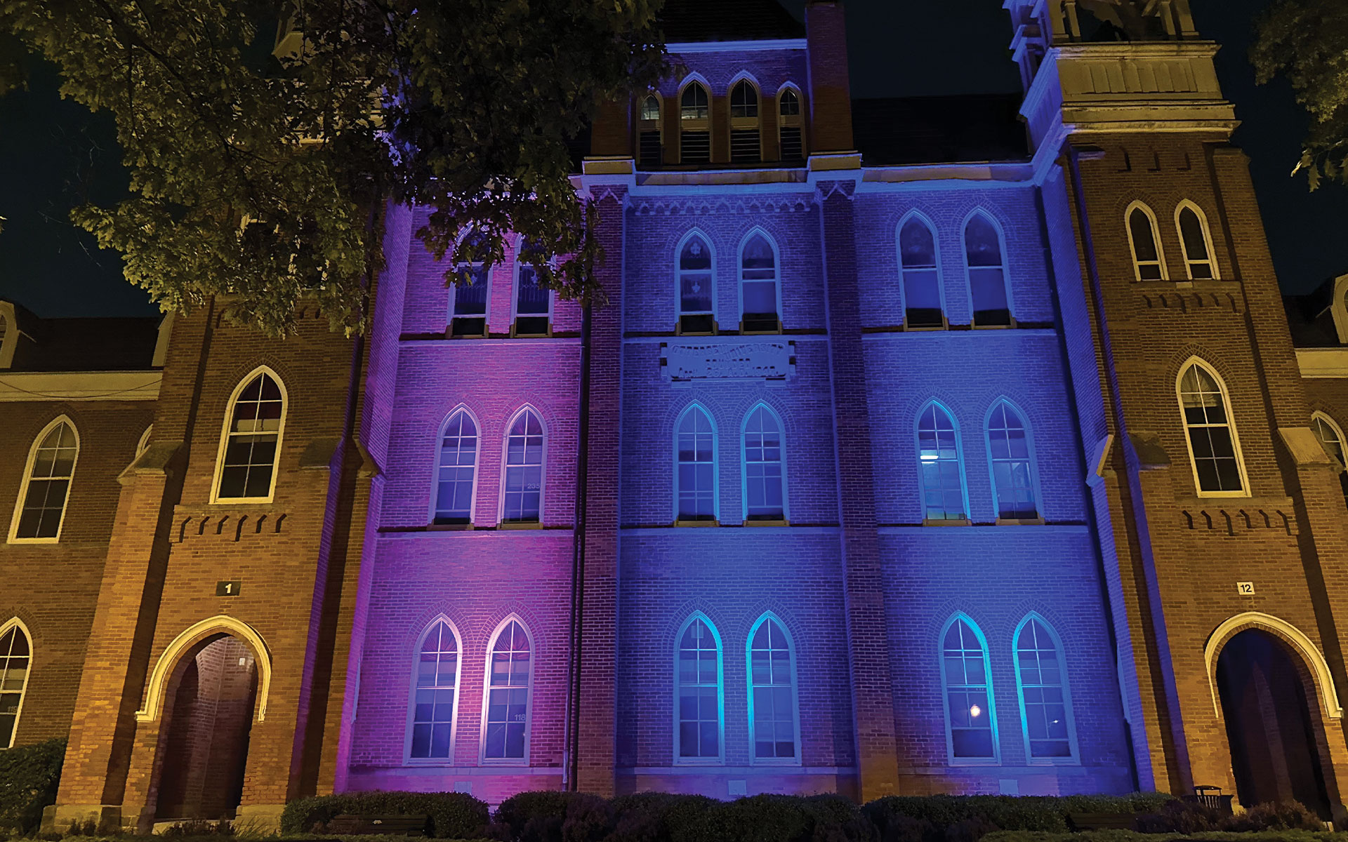 Towers Hall Lights Up in Pink and Blue to Honor Nurses - Otterbein University